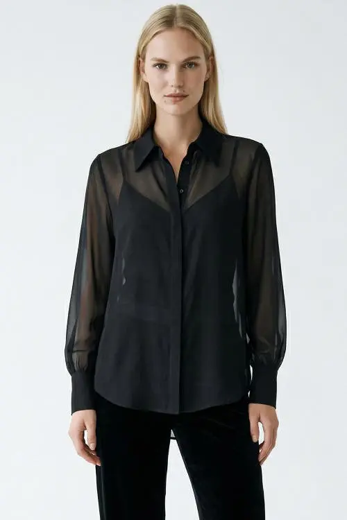 EXQUISE Madelyn Balloon Sleeve Sheer Shirt