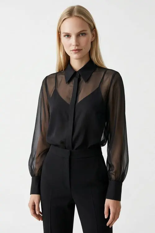 EXQUISE Madelyn Balloon Sleeve Sheer Shirt