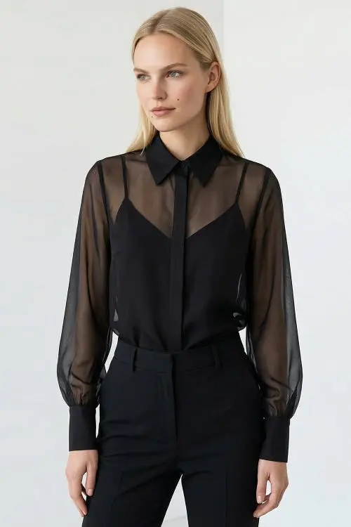EXQUISE Madelyn Balloon Sleeve Sheer Shirt