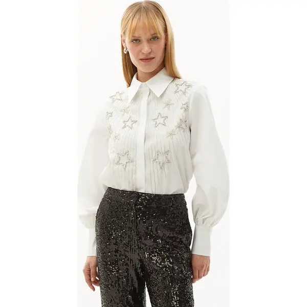 EXQUISE Madelyn Balloon Sleeve Sheer Shirt - Ecru