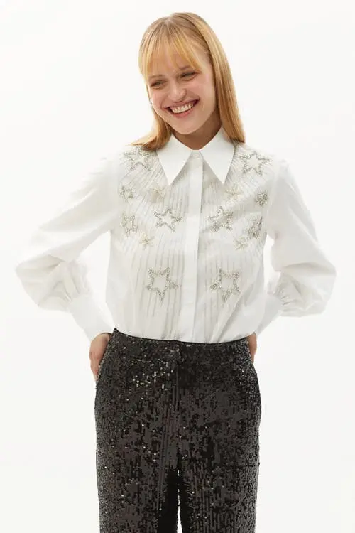 EXQUISE Madelyn Balloon Sleeve Sheer Shirt