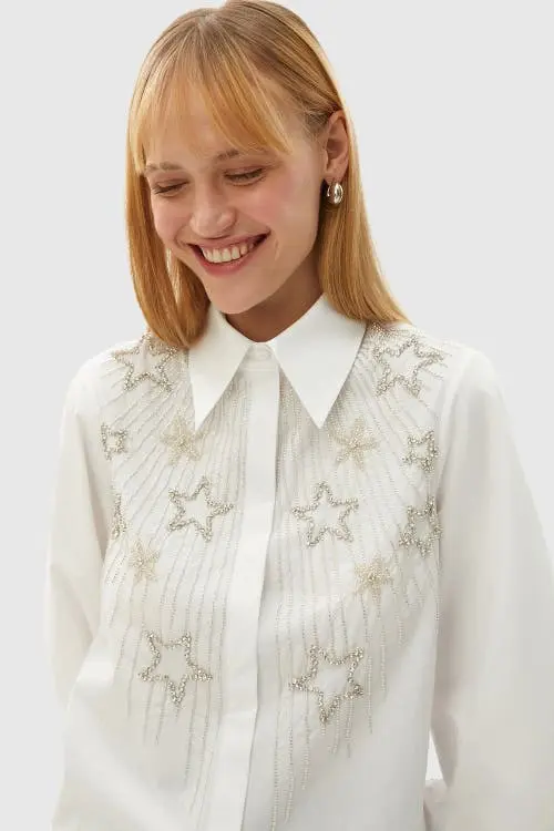 EXQUISE Madelyn Balloon Sleeve Sheer Shirt