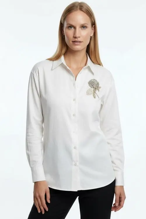 EXQUISE Jaelyn Embellished Long Sleeve Shirt - Ecru