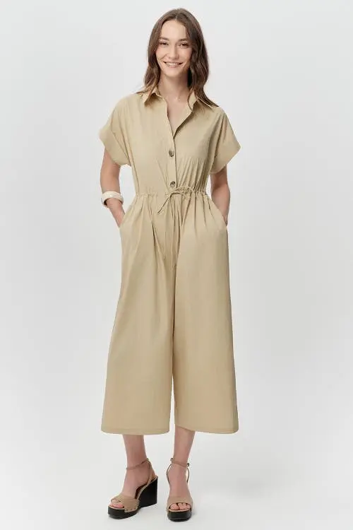 EXQUISE Nixie Shirt Collar Short Sleeve Drawstring Waist Jumpsuit - Beige