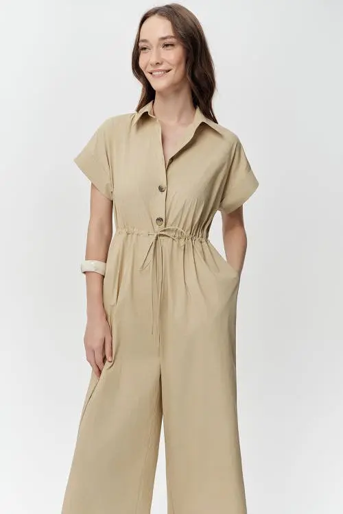 EXQUISE Cropped Jumpsuit With Shirt Collar And Drawstring Waist