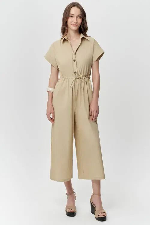 EXQUISE Cropped Jumpsuit With Shirt Collar And Drawstring Waist