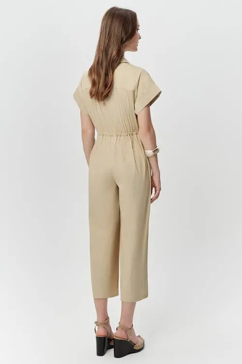 EXQUISE Cropped Jumpsuit With Shirt Collar And Drawstring Waist