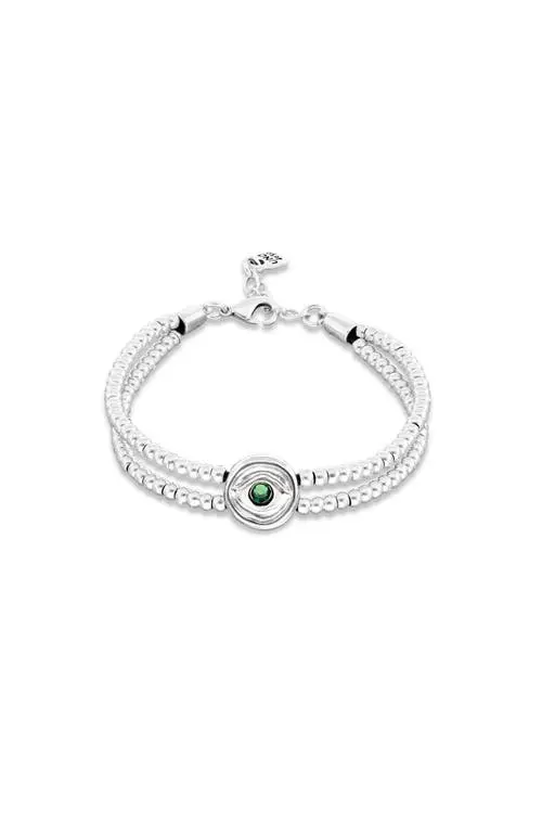 UNODE50 Double -plated Ball Bracelet With Eye Detail And Green Crystal - Silver