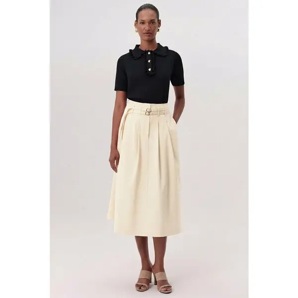 EXQUISE Nathalie High Waisted Pleated Midi Skirt - Cream