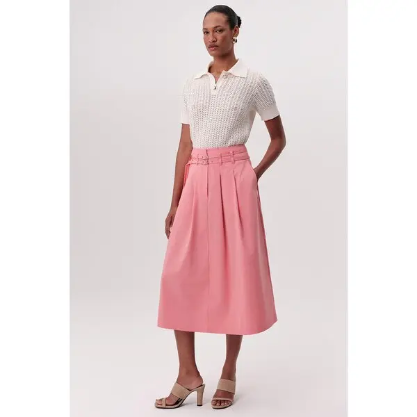 EXQUISE Nathalie High Waisted Pleated Midi Skirt - Pink