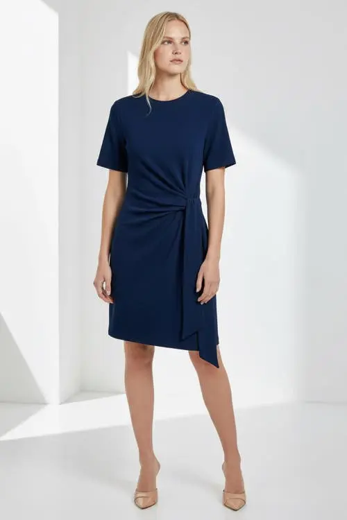 EXQUISE Velvet Crew Neck Mini Knit Dress - Navy