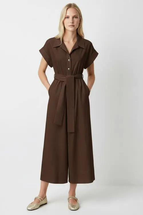 EXQUISE Leatrice Short Sleeve Belted Midi Jumpsuit - Brown