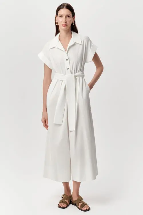 EXQUISE Leatrice Short Sleeve Belted Midi Jumpsuit - White