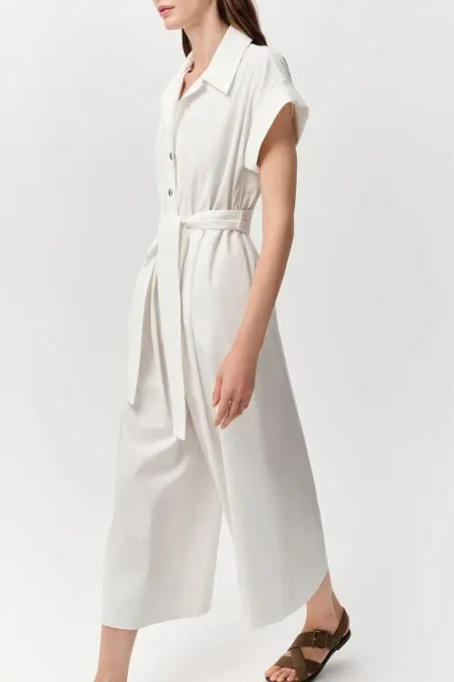 EXQUISE Leatrice Short Sleeve Belted Midi Jumpsuit - White