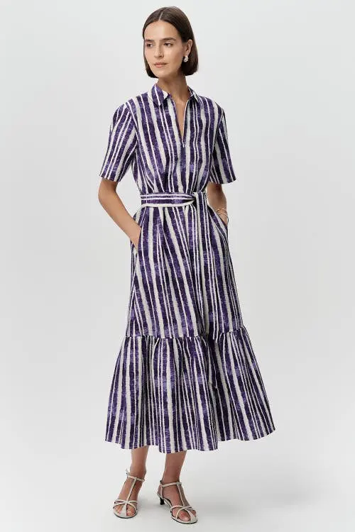 EXQUISE Xenia Short Sleeve Belted Pocketed Midi Dress - Sax