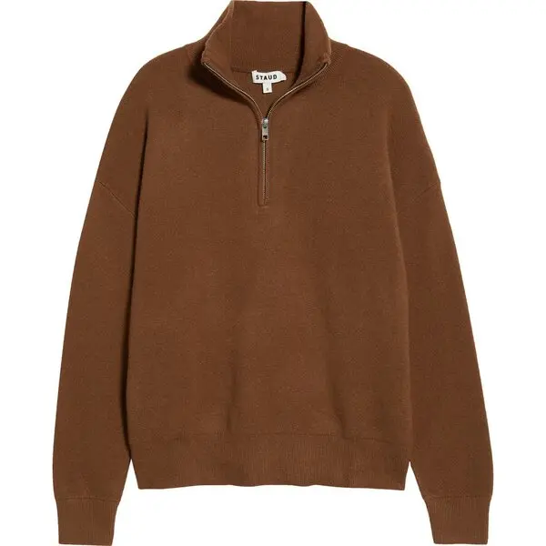 Staud Hudson Quarter Zip Cashmere Sweater - Cigar