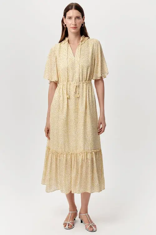 EXQUISE Printed V-neck Midi Dress With Tie Waist And Ruffled Hem