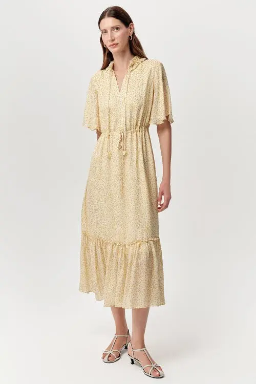 EXQUISE Printed V-neck Midi Dress With Tie Waist And Ruffled Hem