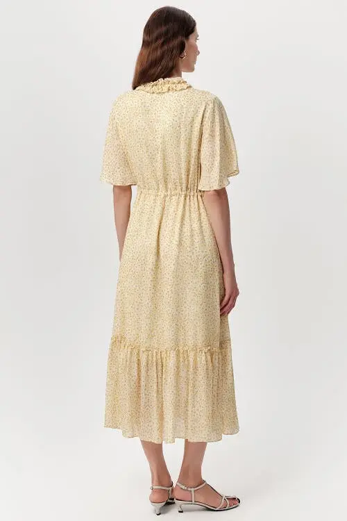 EXQUISE Printed V-neck Midi Dress With Tie Waist And Ruffled Hem