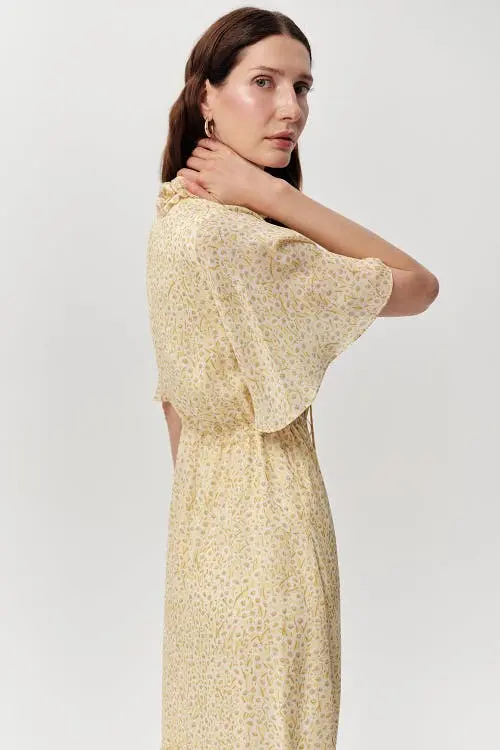 EXQUISE Printed V-neck Midi Dress With Tie Waist And Ruffled Hem