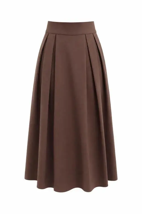 EXQUISE Nayaine Pleated Elasticated Back Midi Skirt - Brown