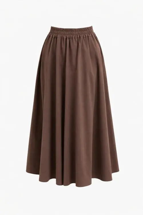 EXQUISE Nayaine Pleated Elasticated Back Midi Skirt - Brown