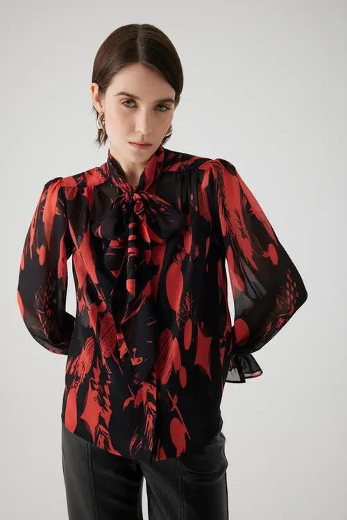 EXQUISE Agatha Sheer Chiffon Shirt - Red-black
