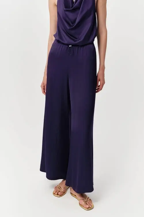 EXQUISE Queen Drawstring Waist Wide Leg Satin Pants