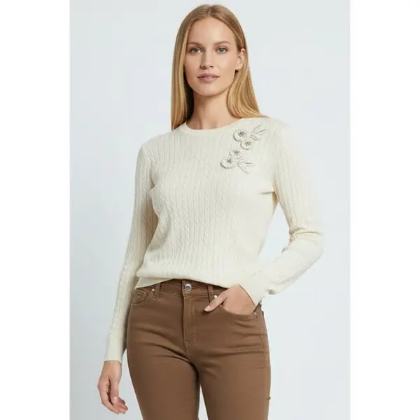 EXQUISE Ryann Embroidered Knit Blouse - Ecru