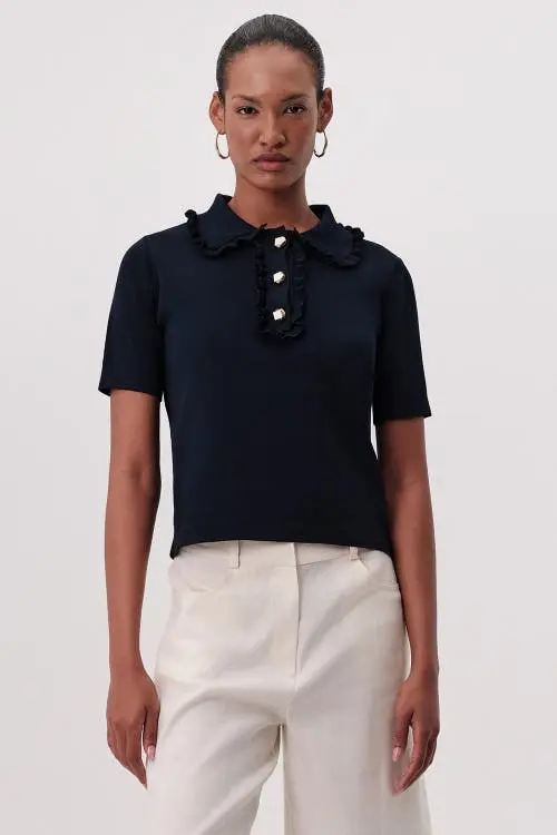 EXQUISE Parker Ruffle Collar Short Sleeve Knit Blouse