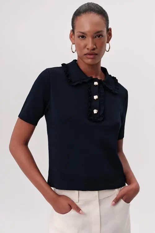 EXQUISE Parker Ruffle Collar Short Sleeve Knit Blouse
