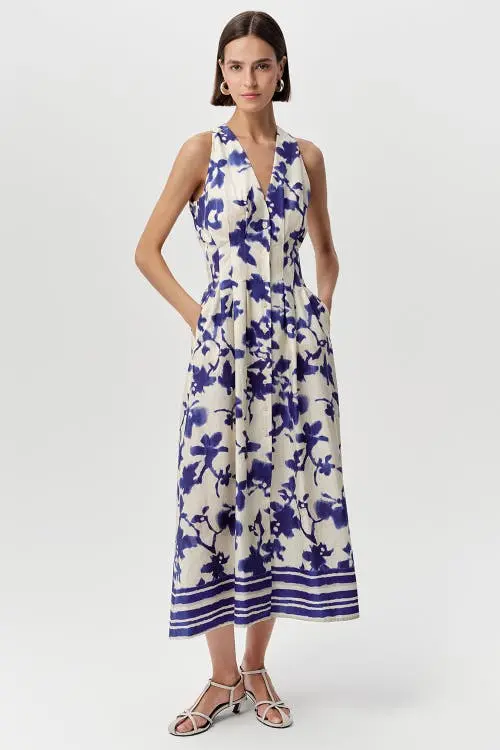 EXQUISE Zeta Sleeveless V Neck Midi Dress - Sax