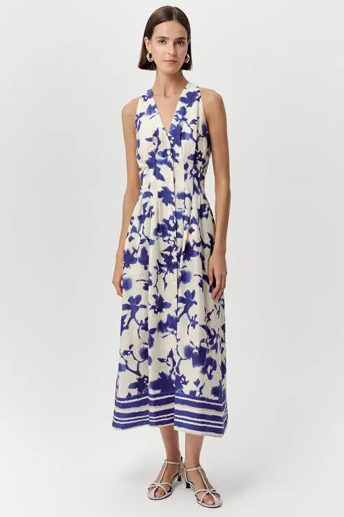 EXQUISE Zeta Sleeveless V-neck Floral Midi Dress