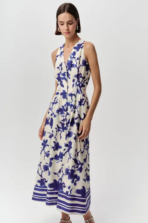 EXQUISE Zeta Sleeveless V-neck Floral Midi Dress