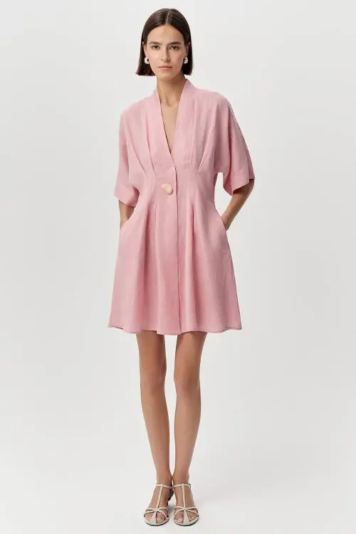 EXQUISE Alita V Neck Short Sleeve Linen Mini Dress - Pink