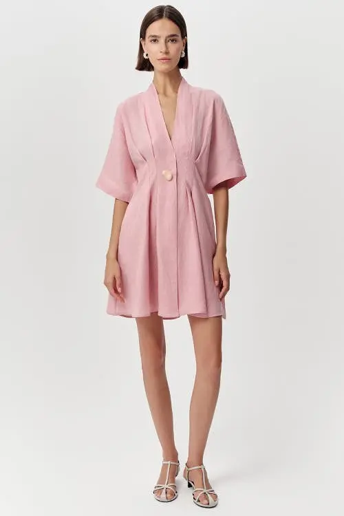 EXQUISE Alita Linen V-neck Short Sleeve Mini Dress