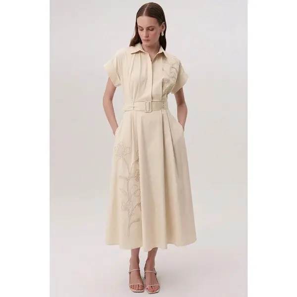EXQUISE Kelsie Short Sleeve Midi Shirt Dress - Cream