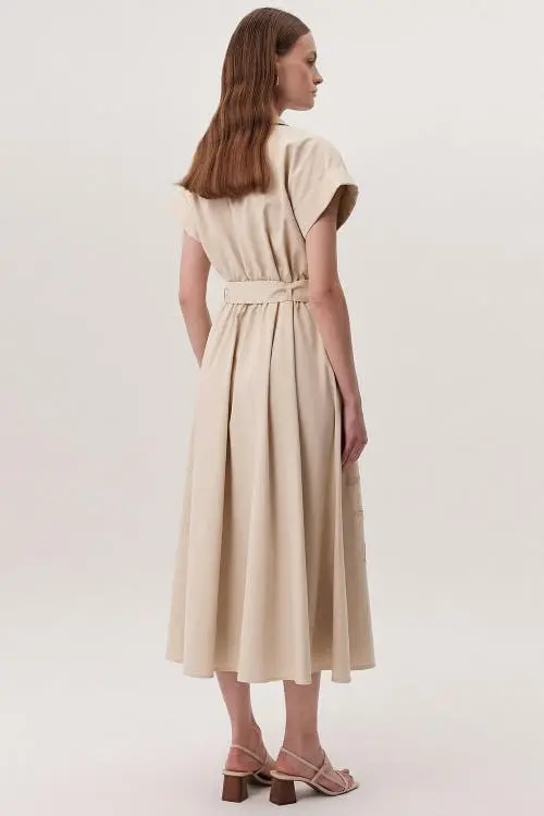 EXQUISE Kelsie Short Sleeve Midi Shirt Dress With Floral Embroidery - Cream