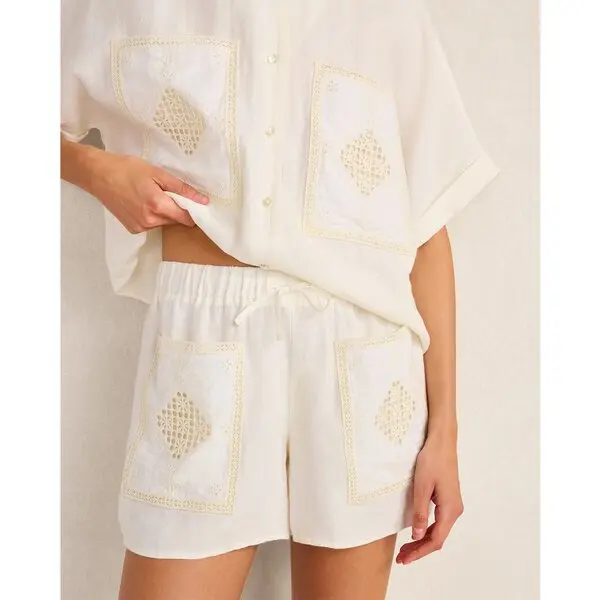 HAVEN WELL WITHIN Organic Cotton Linen Embroidered Pocket Shorts - Ivory