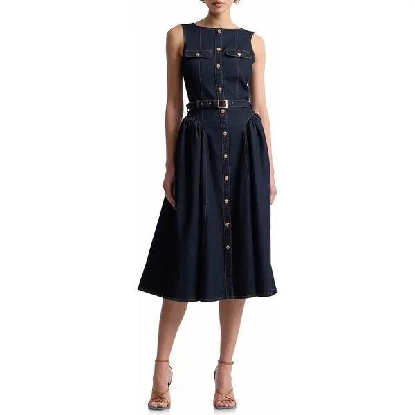 Avec Les Filles Belted Sleeveless Denim Dress - Dark Rinse