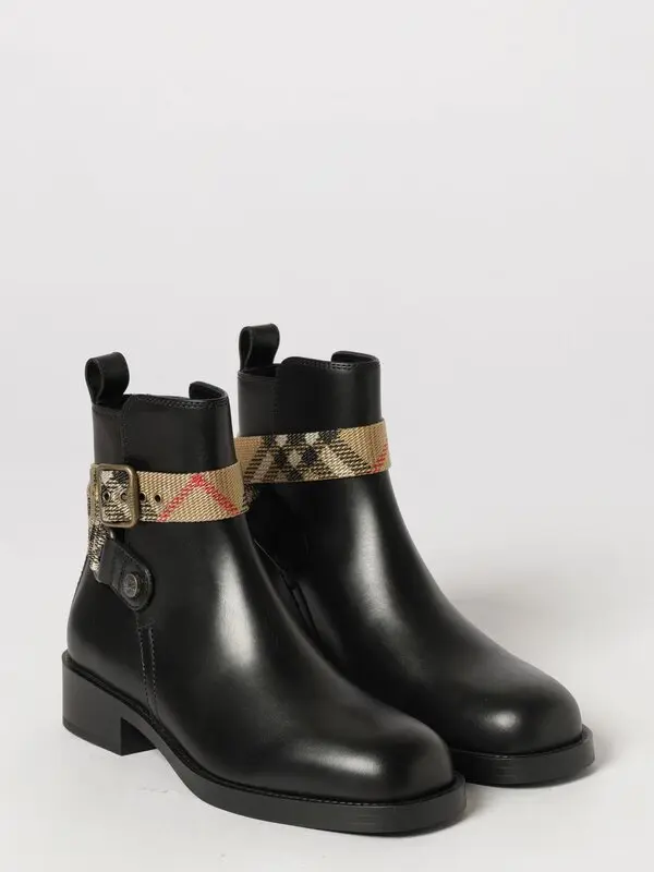 Burberry Huntley Leather Biker Ankle Boots With Vintage Check Inserts