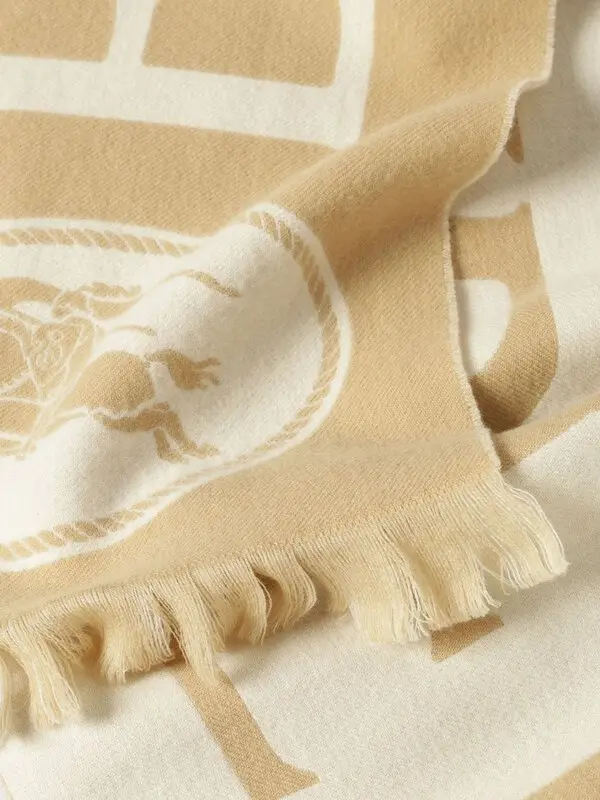 Burberry Logo Print Pure Merino Wool Scarf With Fringed Hem