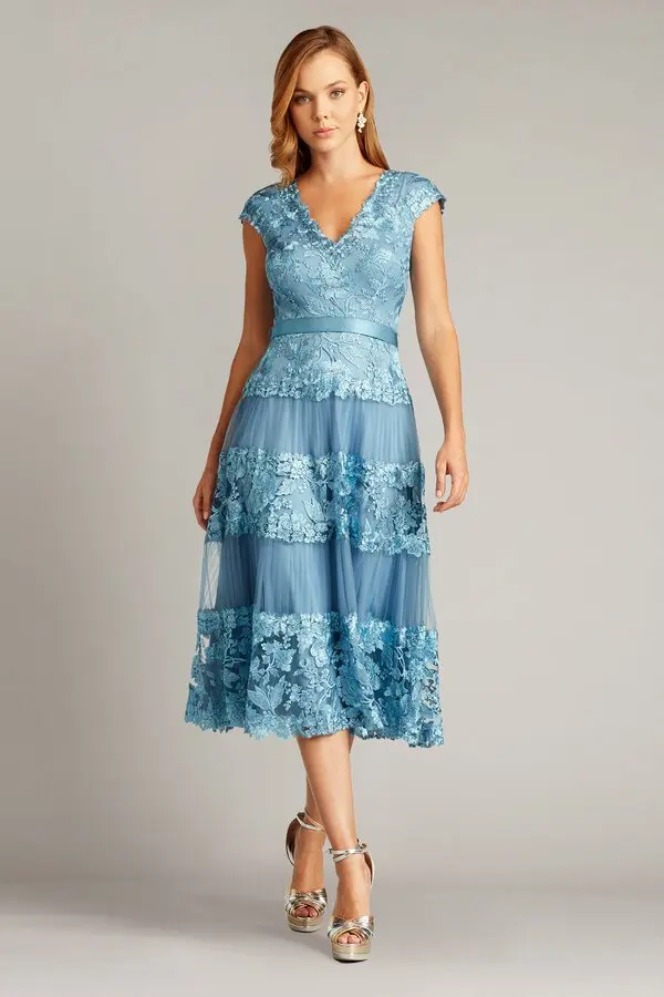 Tadashi Shoji Dinah Embroidered Tulle Dress - Blue Stone