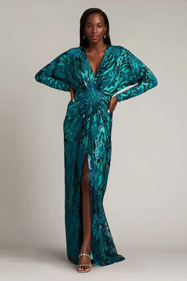 Tadashi Shoji Blanche Draped Dolman Gown - Peacock