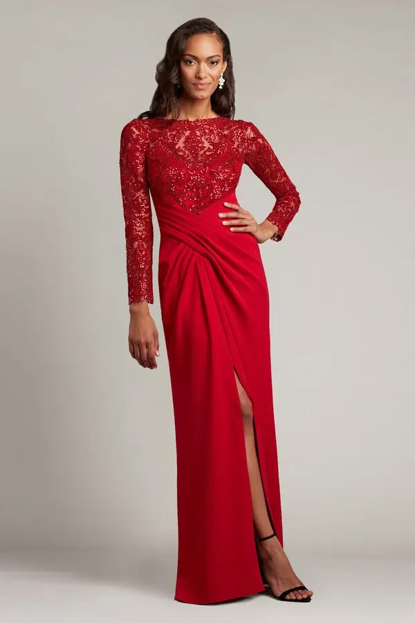 Tadashi Shoji Ottilie Sequin Embellished Crepe Gown - Lava Red