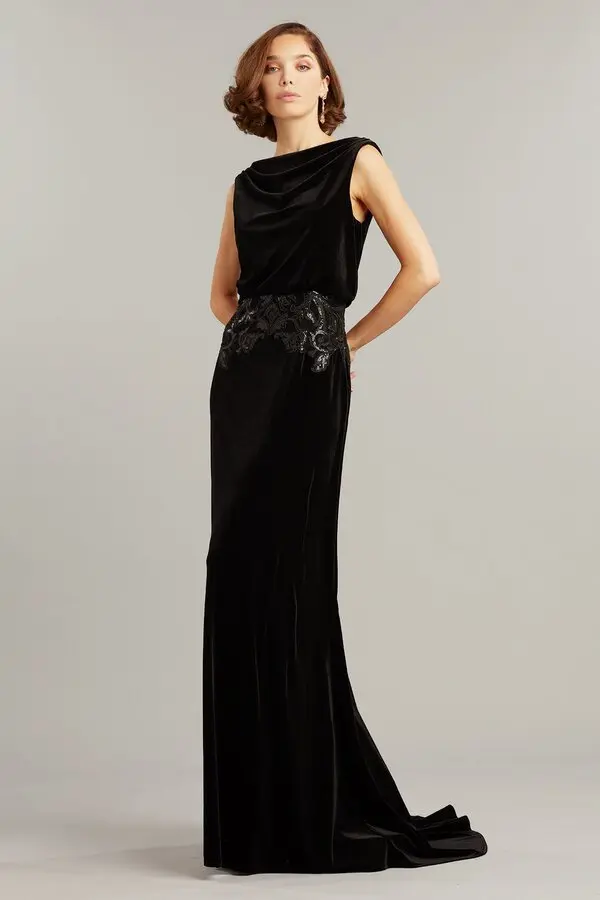 Tadashi Shoji Dunstan Back Drape Gown - Black