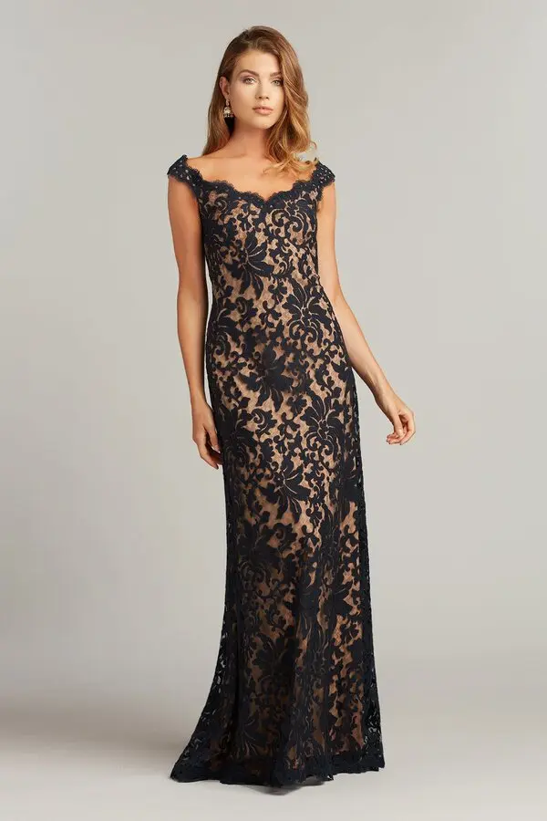 Tadashi Shoji Conder Embroidered Tulle Gown - Navy/nude