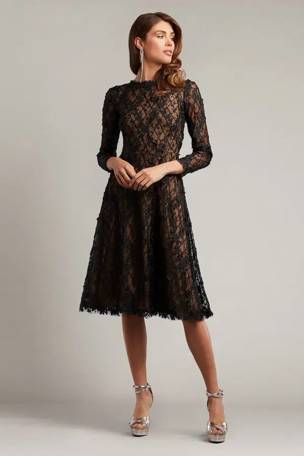 Tadashi Shoji Binx Embroidery Tea-length Dress - Black/nude
