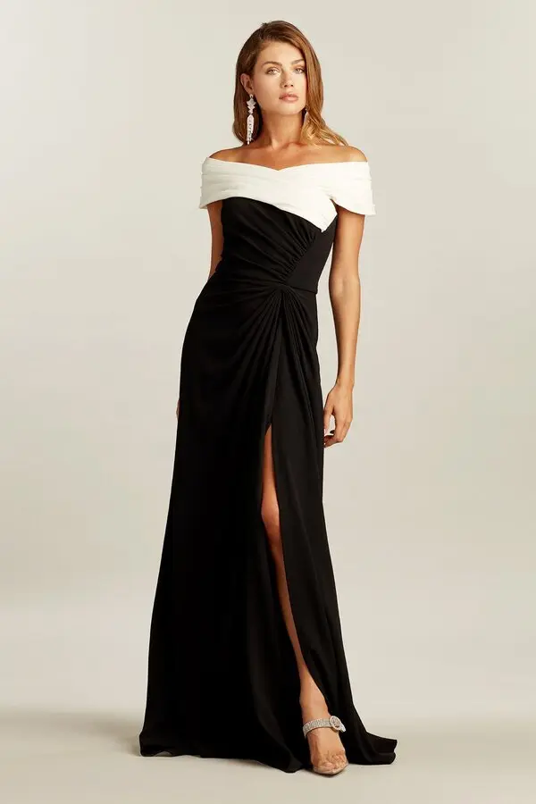 Tadashi Shoji Marion Draped Crepe Gown - White/black