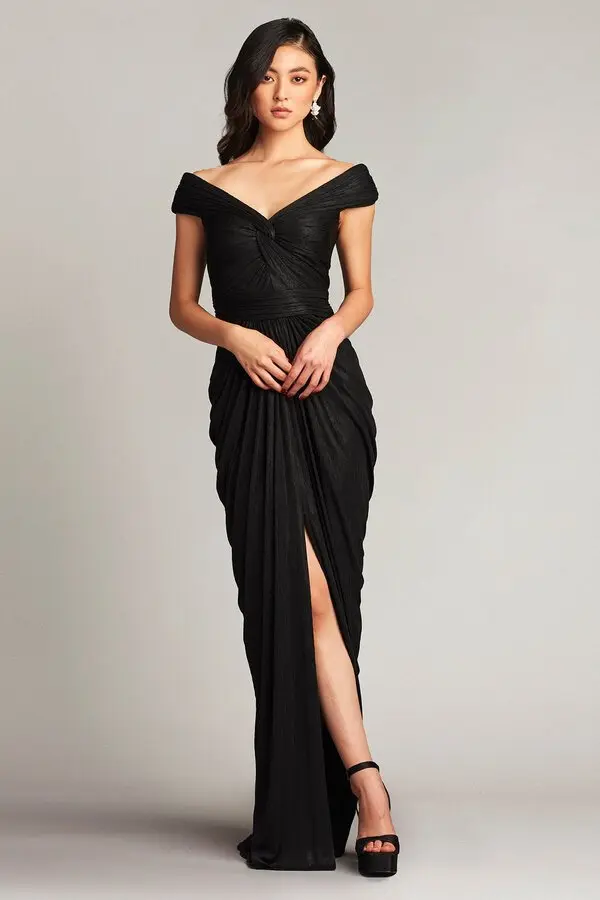 Tadashi Shoji Ellery Draped Metallic Jersey Gown - Black